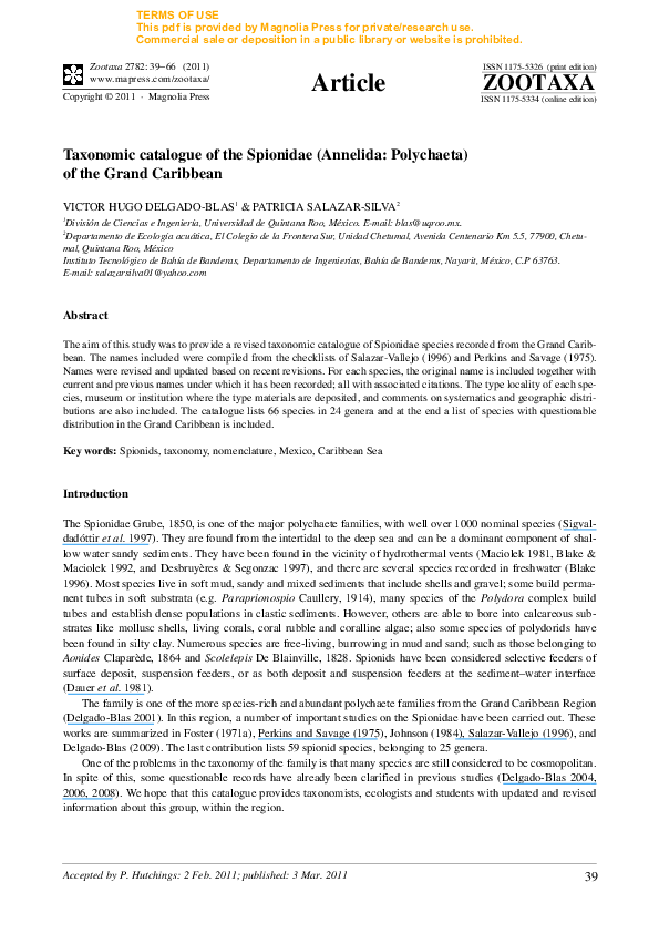 (PDF) Taxonomic catalogue of the Spionidae (Annelida: Polychaeta) of ...