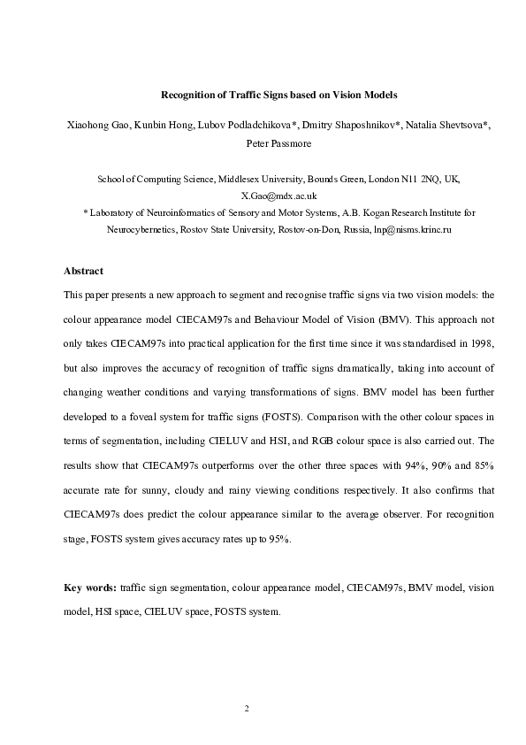 (PDF) Recognition of Traffic Signs based on Vision Models