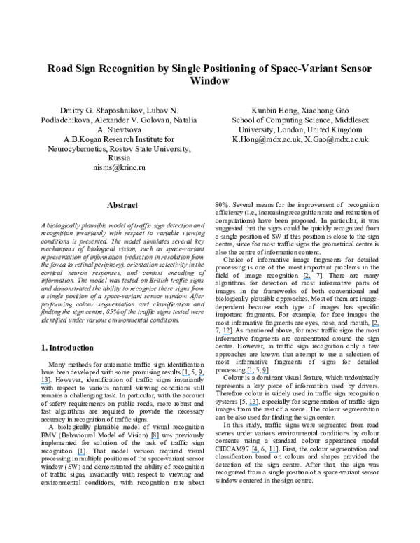 (PDF) Road sign recognition by single positioning of space-variant sensor window