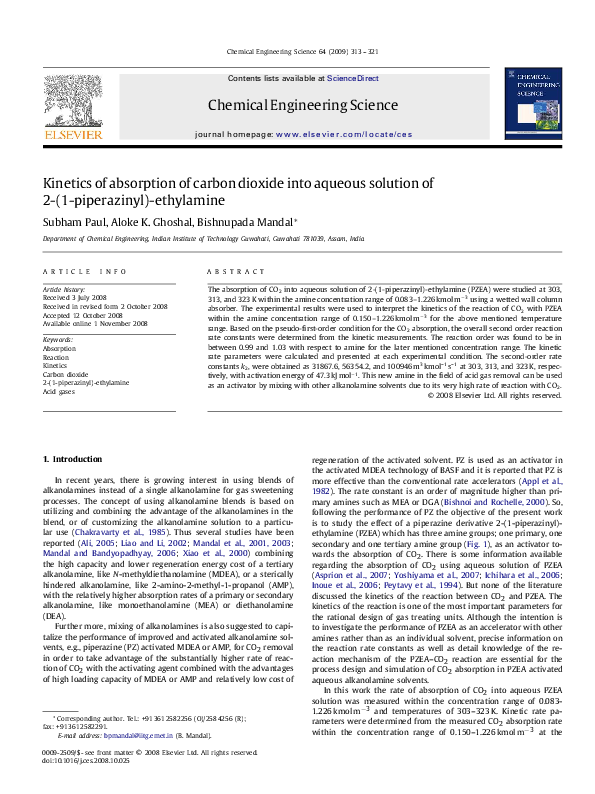 (PDF) Kinetics of absorption of carbon dioxide into aqueous solution of 2-(1-piperazinyl)-ethylamine