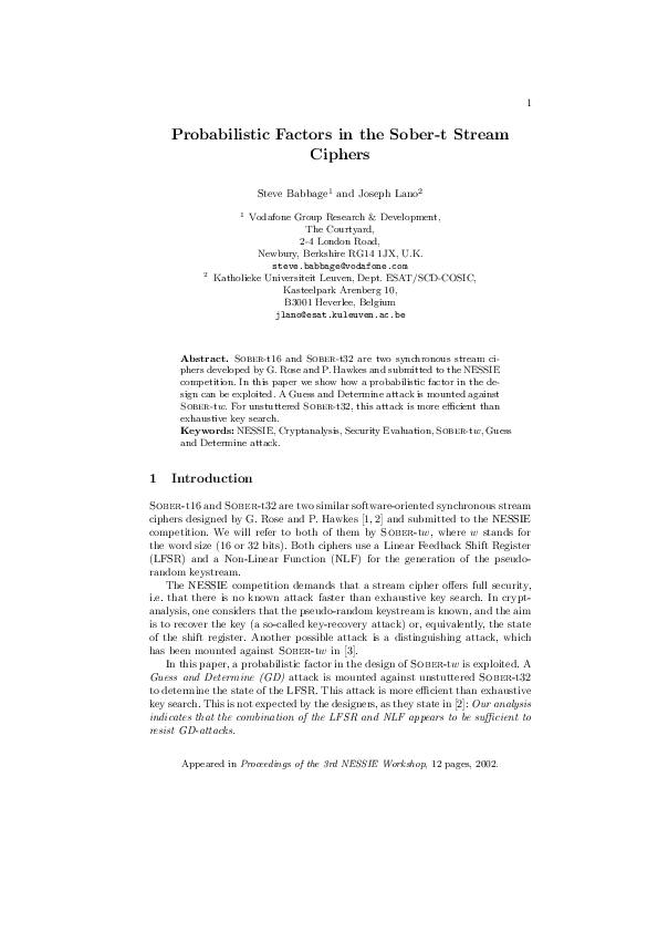 (PDF) Probabilistic Factors in the Sober-t Stream Ciphers