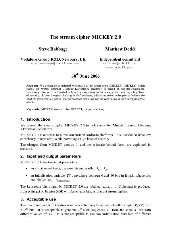 (PDF) The stream cipher MICKEY 2.0