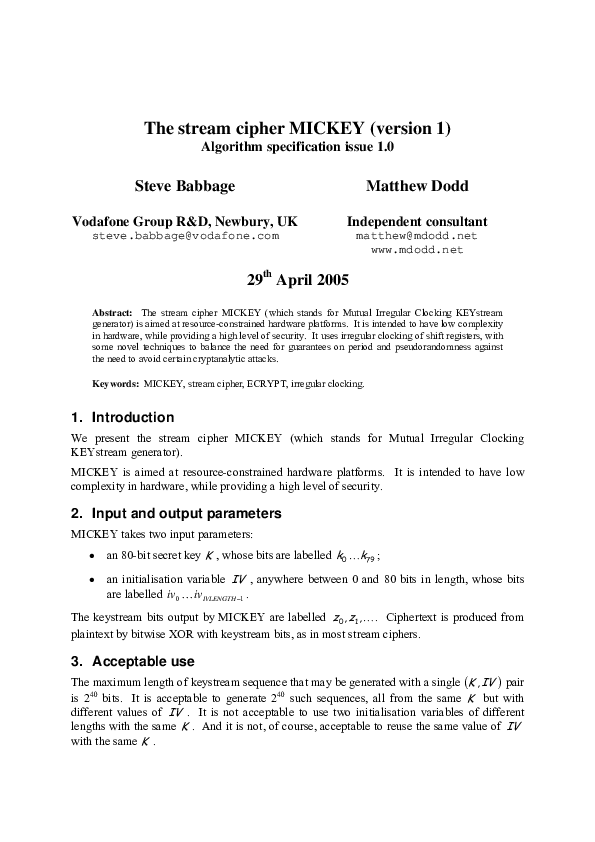 (PDF) The stream cipher MICKEY (version 1)