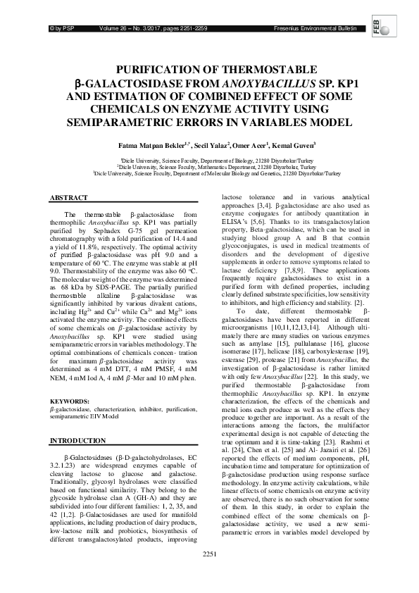 (PDF) PURIFICATION OF THERMOSTABLE -GALACTOSIDASE FROM ANOXYBACILLUS SP ...
