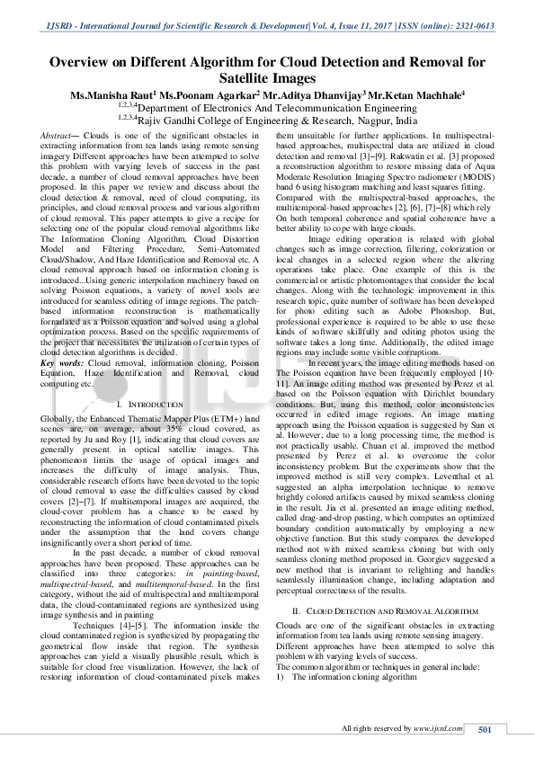 Pdf Overview On Different Algorithm For Cloud Detection And Removal For Satellite Images