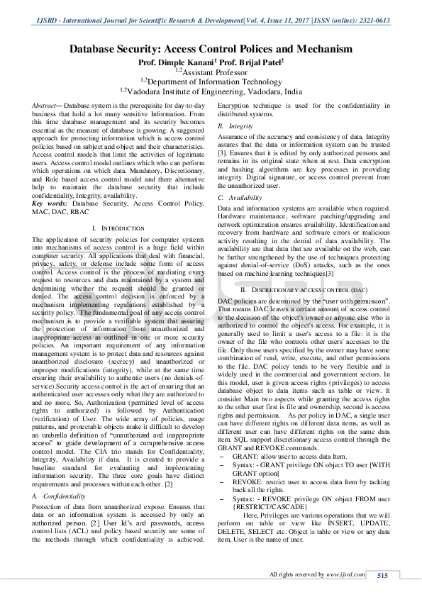 (PDF) Database Security: Access Control Polices and Mechanism