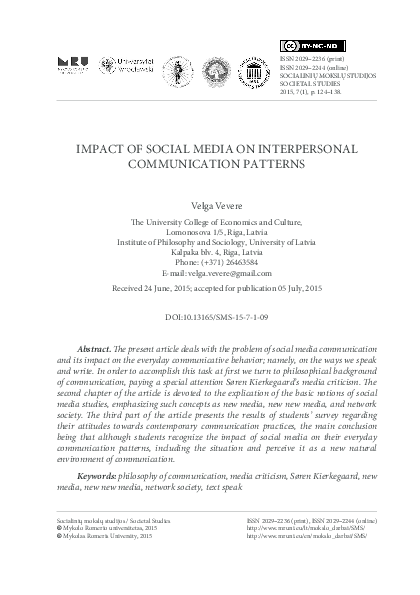 (PDF) IMPACT OF SOCIAL MEDIA ON INTERPERSONAL COMMUNICATION PATTERNS