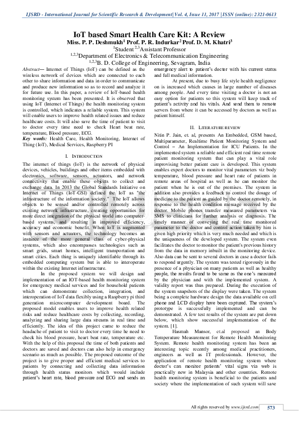 (PDF) IoT based Smart Health Care Kit: A Review