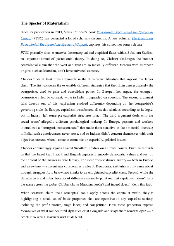 (DOC) The Specter of Materialism (Review Essay, "The Debate on Postcolonial Theory and the ...