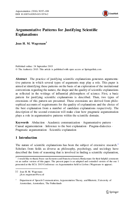 (PDF) Argumentative patterns for justifying scientific explanations