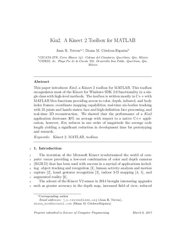 Pdf Kin2 A Kinect 2 Toolbox For Matlab