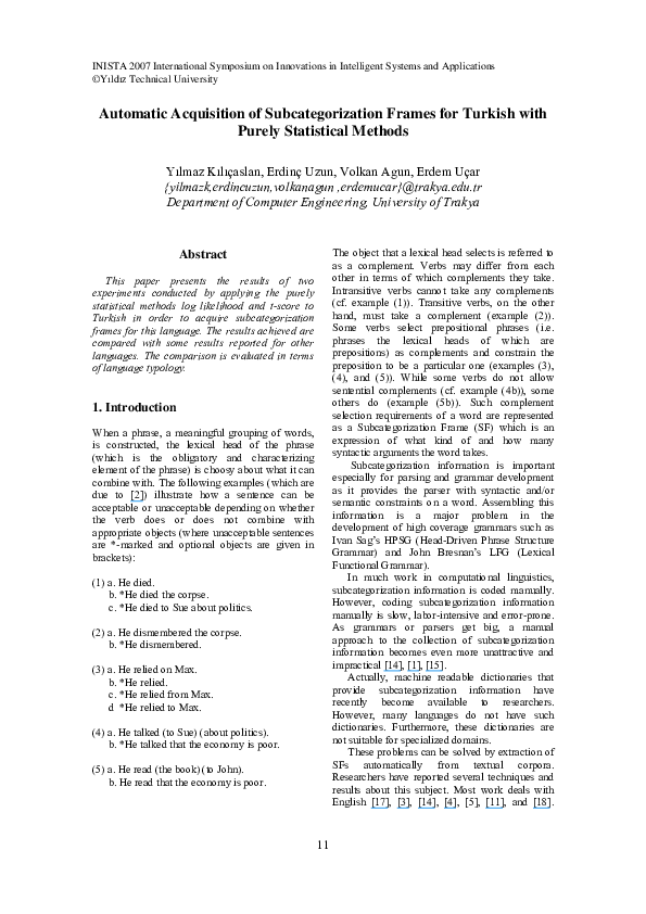 (PDF) Automatic acquisition of subcategorization frames for Turkish ...