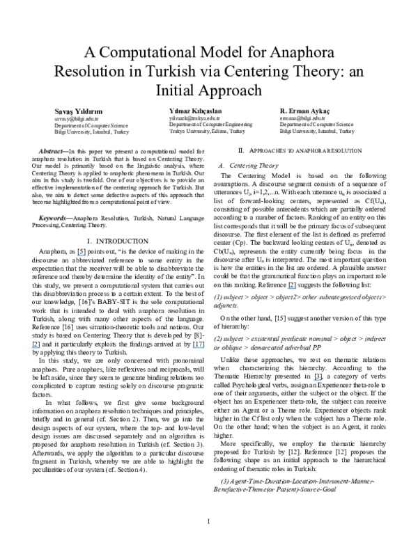 Pdf A Computational Model For Anaphora Resolution In Turkish Via Centering Theory An Initial