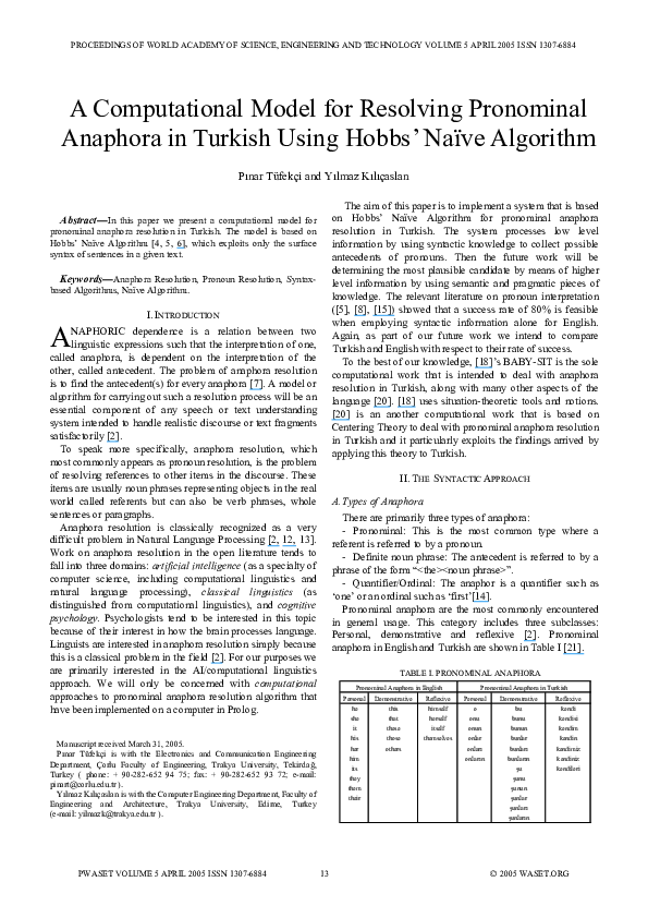 (PDF) A Computational Model for Resolving Pronominal Anaphora in Turkish Using Hobbs' Naïve ...