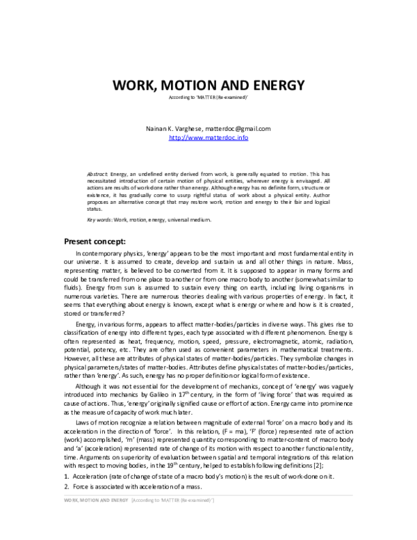 (PDF) Work, motion and energy