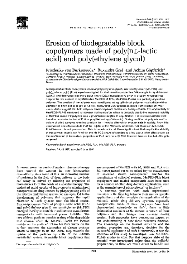 (PDF) Erosion of biodegradable block copolymers made of poly(d,l-lactic acid) and poly(ethylene ...