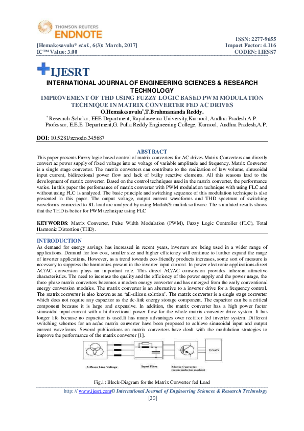 Improvement Of Thd Using Fuzzy Logic Based Pwm Modulation Technique In Matrix Converter Fed Ac