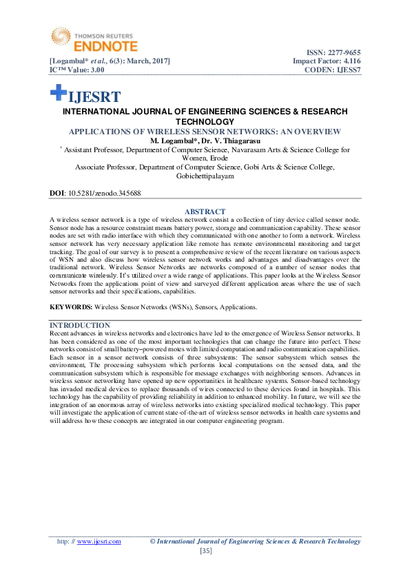 (PDF) APPLICATIONS OF WIRELESS SENSOR NETWORKS: AN OVERVIEW