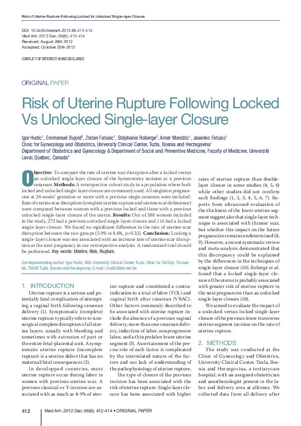 (PDF) Risk of Uterine Rupture Following Locked Vs Unlocked Single-layer ...