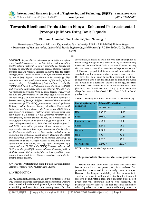 (PDF) IRJET-Towards Bioethanol Production in Kenya – Enhanced Pretreatment of Prosopis Juliflora ...