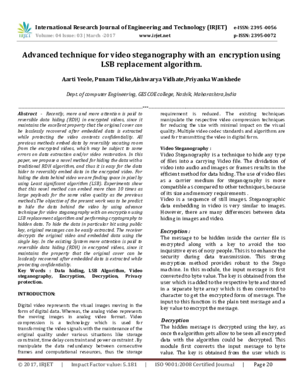 (PDF) IRJET-Advanced technique for video steganography with an encryption using LSB replacement ...