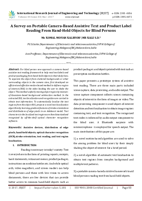 (PDF) IRJET-A Survey on Portable Camera-Based Assistive Text and ...