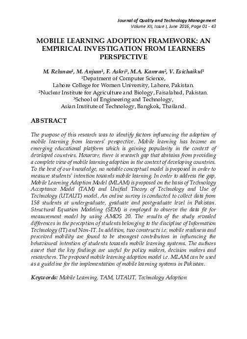 (PDF) MOBILE LEARNING ADOPTION FRAMEWORK: AN EMPIRICAL INVESTIGATION FROM LEARNERS PERSPECTIVE