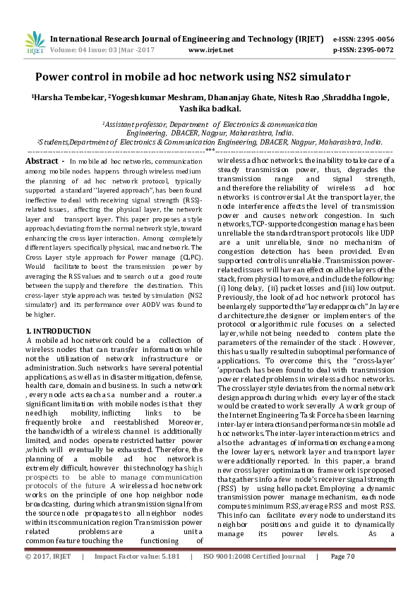 (PDF) IRJET-Power control in mobile ad hoc network using NS2 simulator