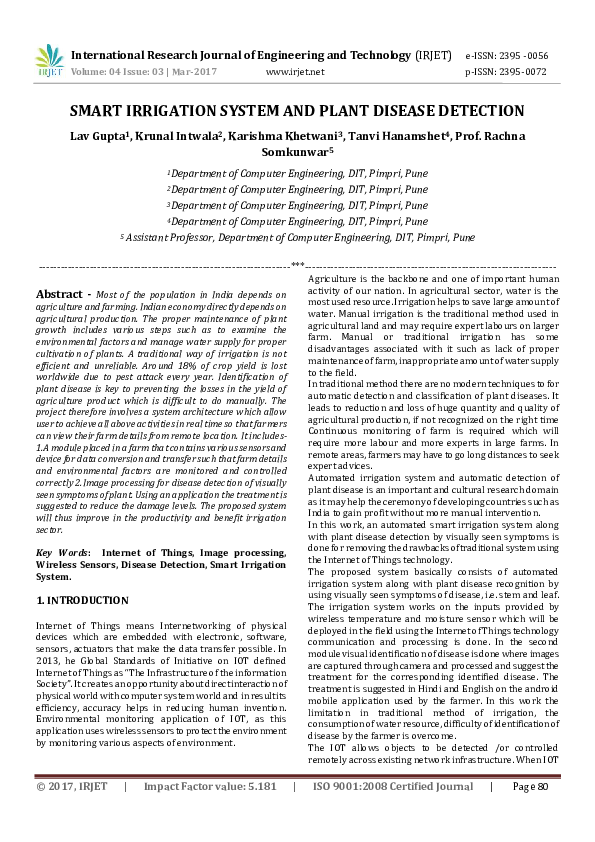 (PDF) IRJET-SMART IRRIGATION SYSTEM AND PLANT DISEASE DETECTION