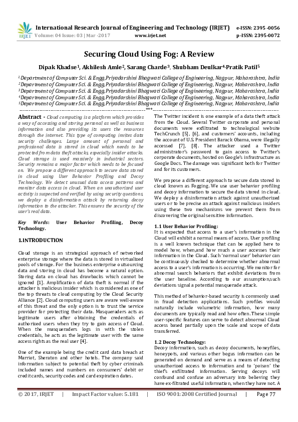 (PDF) IRJET-Securing Cloud Using Fog: A Review