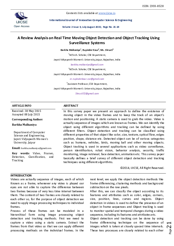 Pdf A Review Analysis On Real Time Moving Object Detection And Object Tracking Using