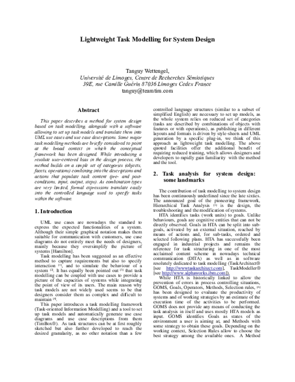 (PDF) Lightweight Task Modelling for System Design
