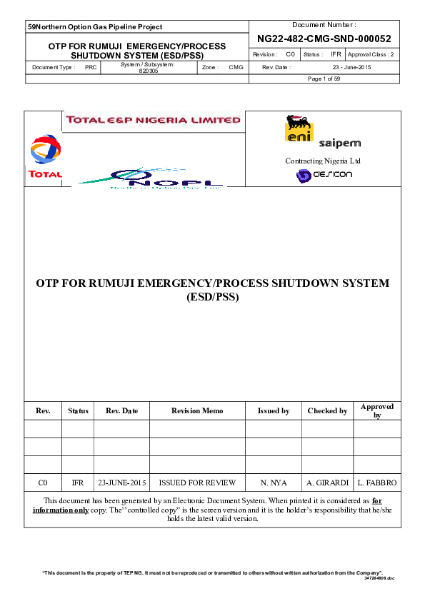 (DOC) OTP FOR RUMUJI EMERGENCY/PROCESS SHUTDOWN SYSTEM (ESD/PSS
