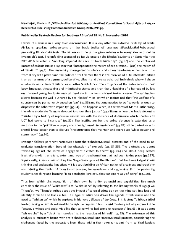 (PDF) Book Review of Rhodes Must Fall