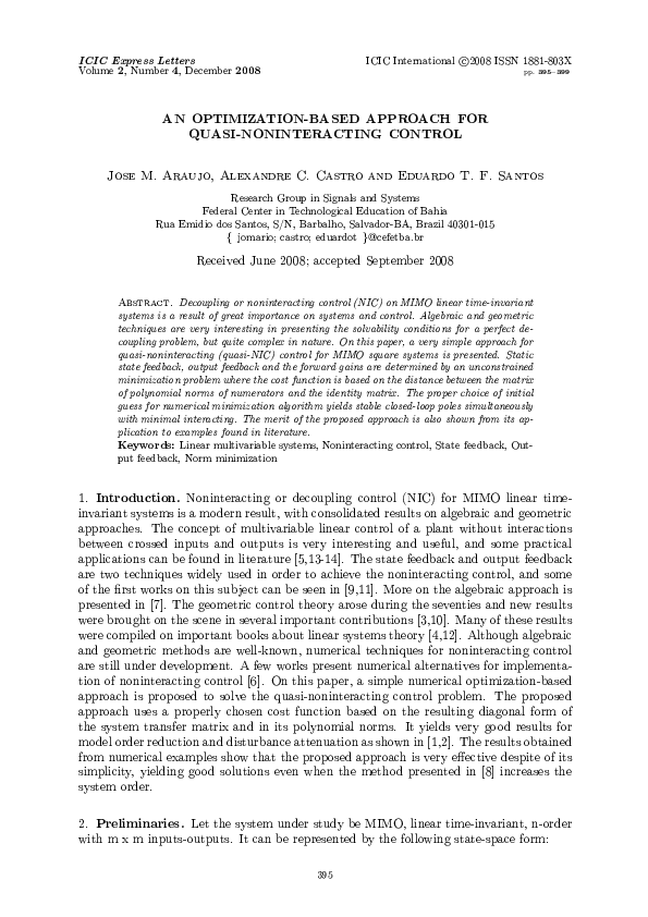 (PDF) An Optimization-Based Approach for Quasi-Noninteracting Control