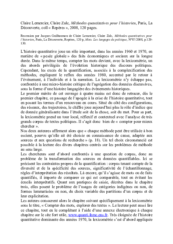 (DOC) Claire Lemercier, Claire Zalc, Méthodes quantitatives pour l ...
