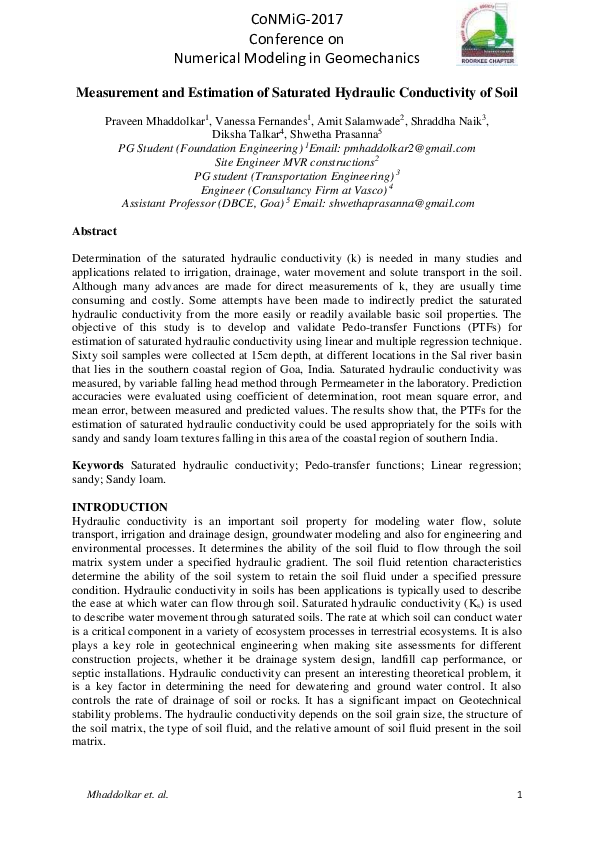 Pdf Measurement And Estimation Of Saturated Hydraulic Conductivity Of