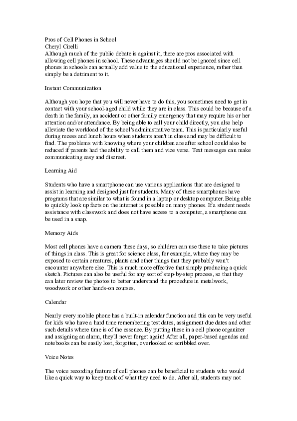 (DOC) Pros of Cell Phones in School