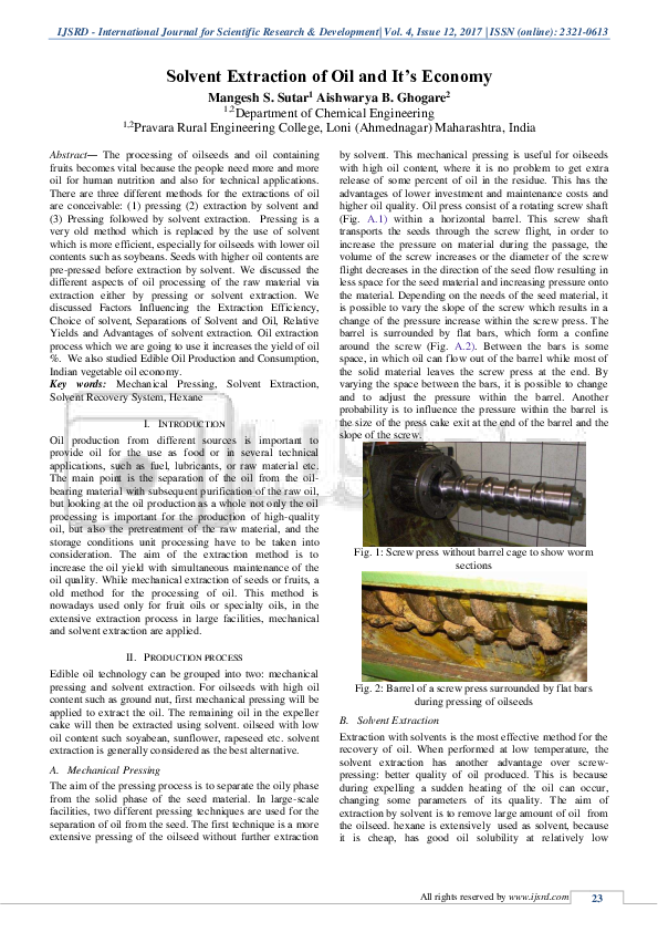 (PDF) Solvent Extraction of Oil and It's Economy