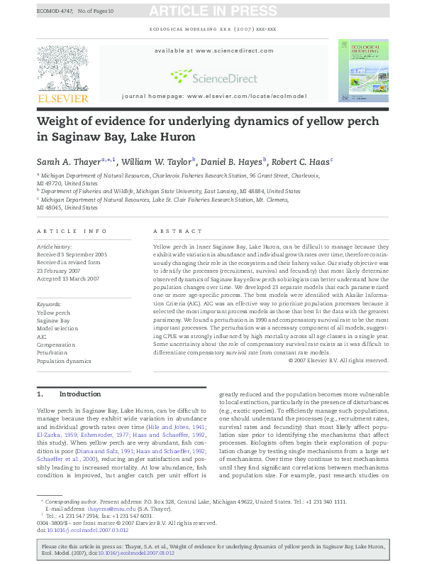(PDF) Weight of evidence for underlying dynamics of yellow perch in ...