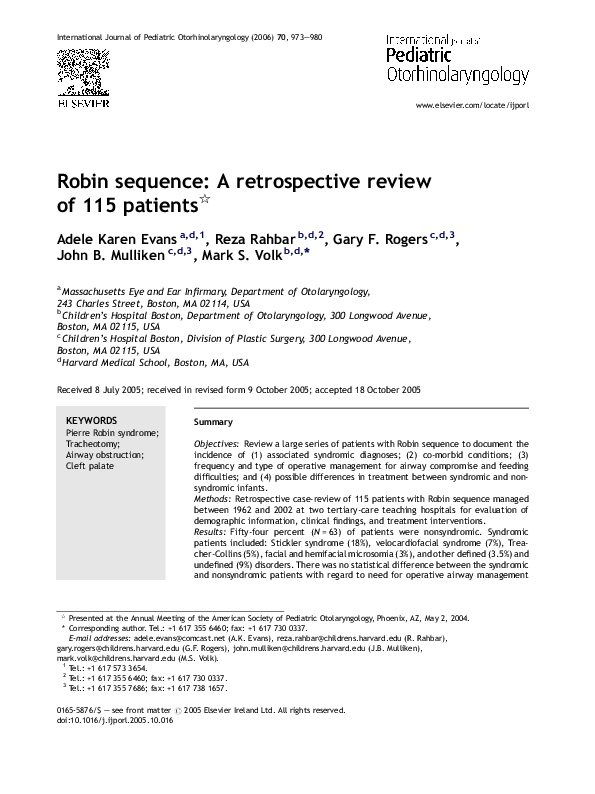 (PDF) Robin sequence: A retrospective review of 115 patients