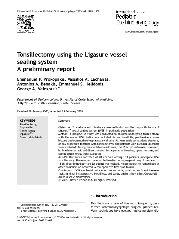 (PDF) Tonsillectomy using the Ligasure vessel sealing system