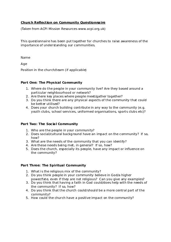 (DOC) Church Reflection on Community Questionnaire