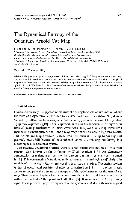 (PDF) The dynamical entropy of the quantum Arnold cat map
