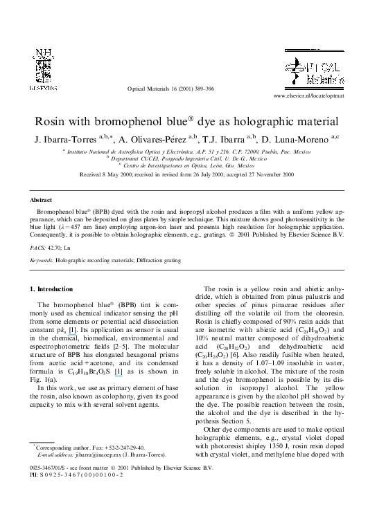 (PDF) Rosin with bromophenol blue® dye as holographic material