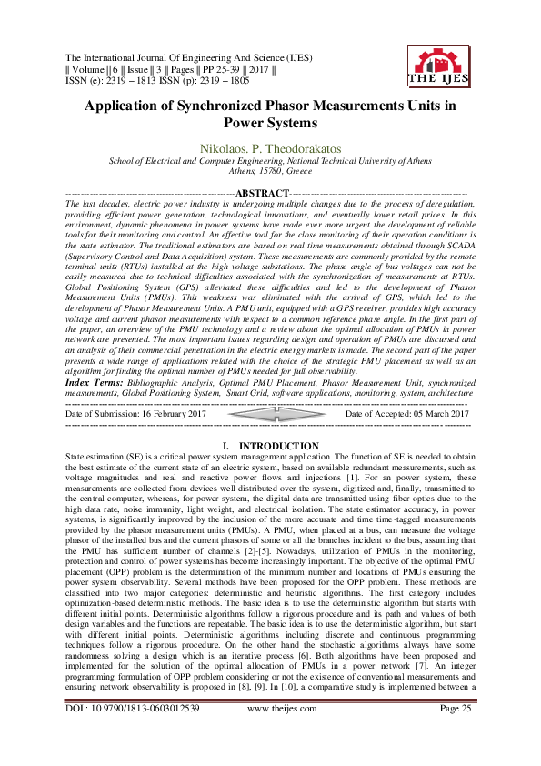 Pdf Application Of Synchronized Phasor Measurements Units In Power