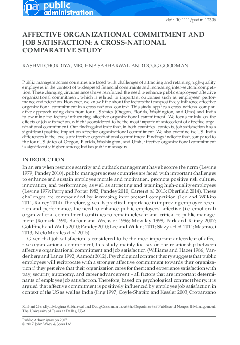 (PDF) AFFECTIVE ORGANIZATIONAL COMMITMENT AND JOB SATISFACTION: A CROSS-NATIONAL COMPARATIVE STUDY