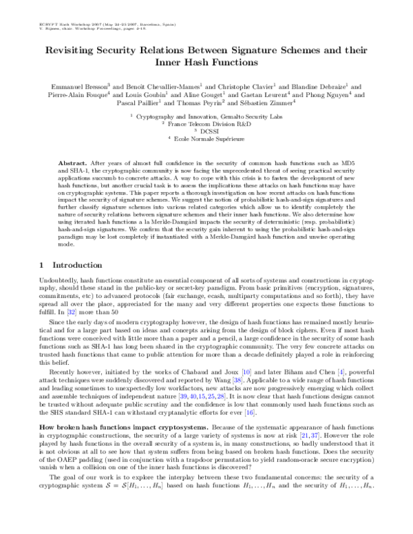 Pdf Revisiting Security Relations Between Signature Schemes And Their Inner Hash Functions 5058