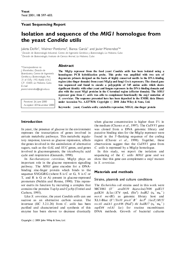 (PDF) Isolation and sequence of the MIG1 homologue from the yeast Candida utilis
