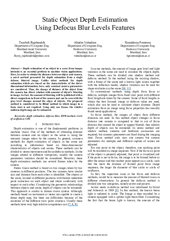 Pdf Static Object Depth Estimation Using Defocus Blur Levels Features